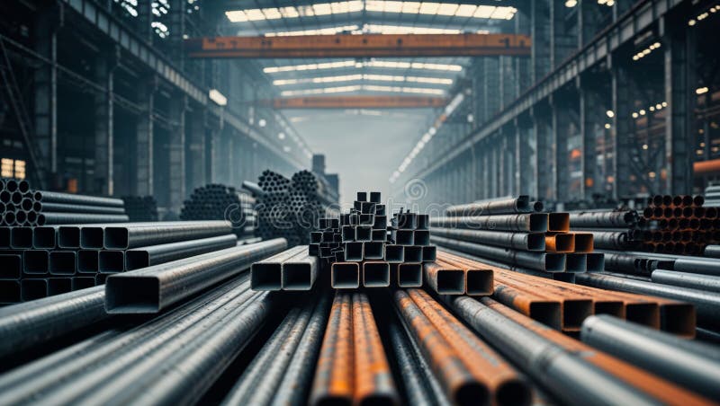 Inside a Vast Industrial Warehouse, Showcasing Stacks of Steel Pipes ...
