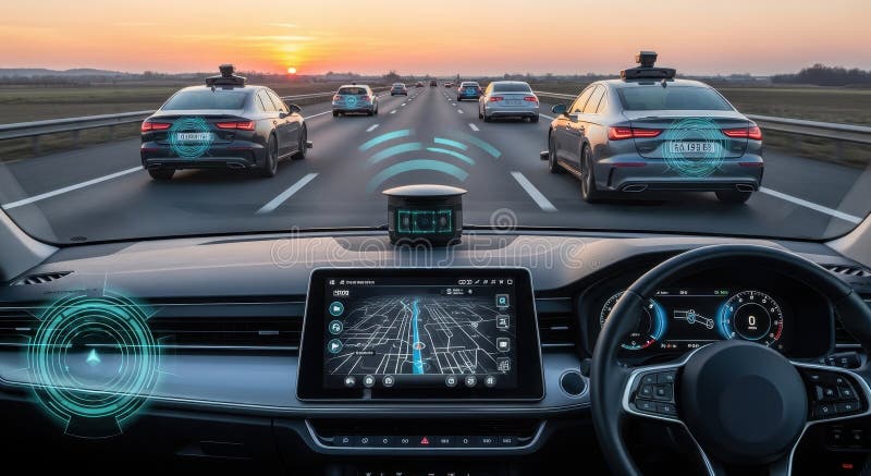 Inside View of an Autonomous Car Driving on a Smart Highway at Sunset ...
