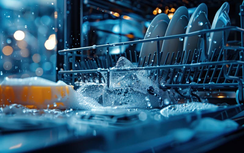 Inside View of a Dishwasher with Dishes and Water Splashes Stock ...
