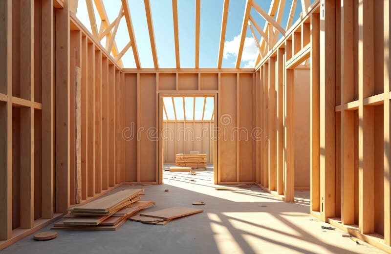 Inside View of Frame House Under Construction. Wooden Framework ...