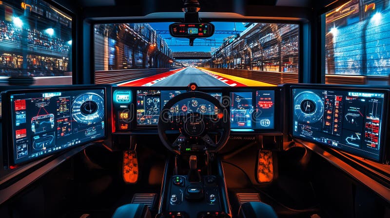 Inside View of a Futuristic Racing Simulator with Multiple Monitors ...