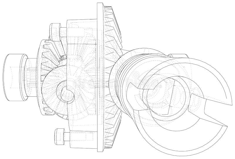 Inside View on Gearbox Cross Section with Gears and Shafts. Wire-frame ...