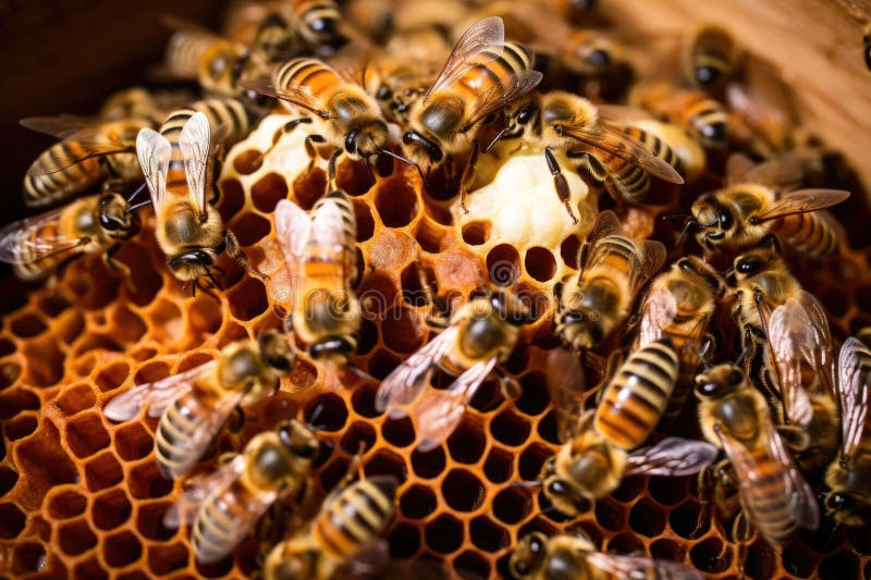 Inside View of a Hive Showing the Queen Bee Surrounded by Worker Bees ...