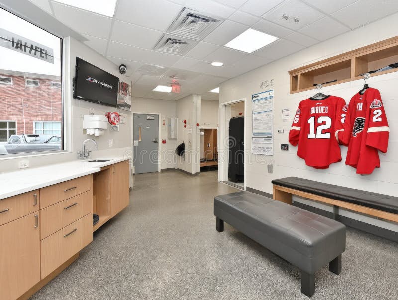 An Inside View of a Hockey Locker Room with Equipment and Jerseys Stock ...