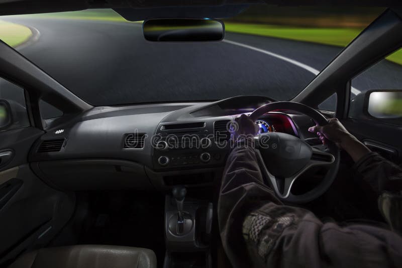 Inside View of Man Driving Passenger Car on Sharp Curve Mountain Stock ...