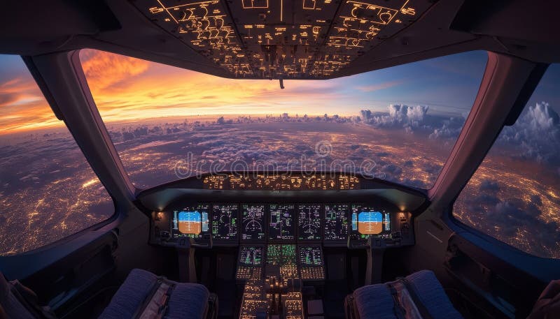 Inside View of a Modern Airplane Cockpit during Sunset with Autopilot ...