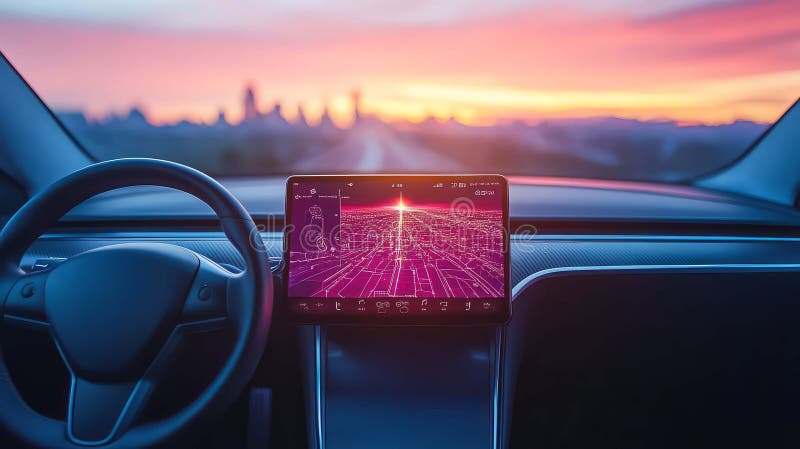 Inside View of a Modern Car with a Vibrant Sunset and a Digital ...