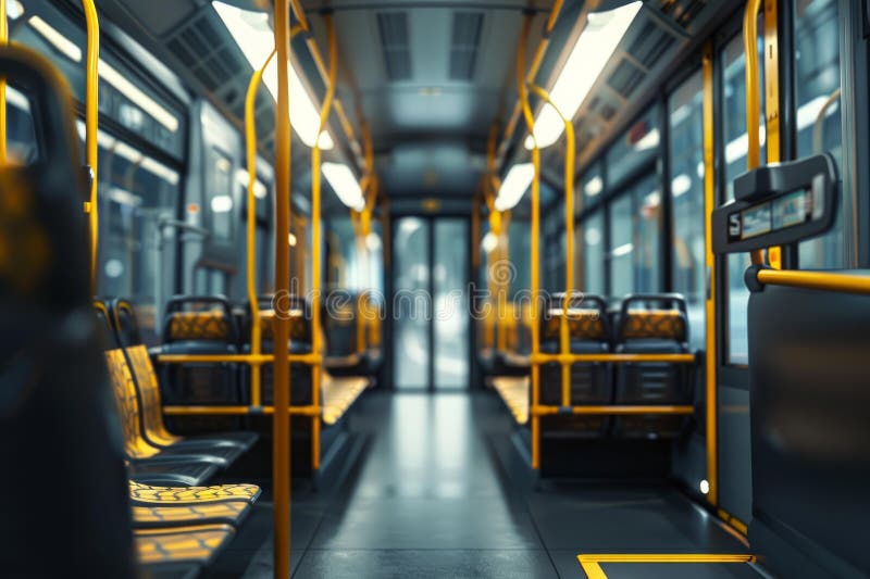 Empty Modern City Bus Interior with Yellow Handrails Showing Open Doors ...