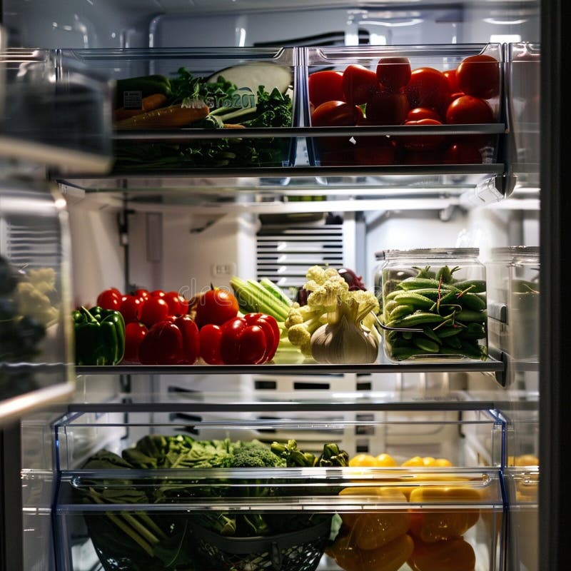 Inside View of a Modern Refrigerator with Fresh Produce and Condiments ...