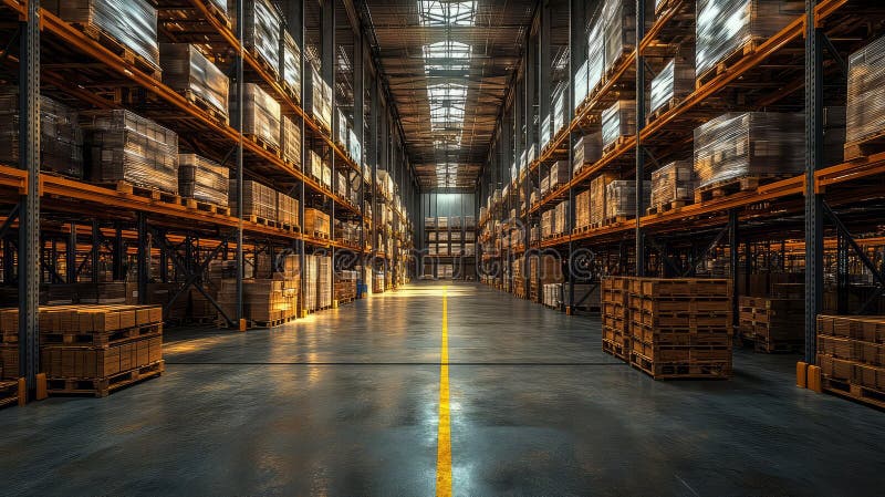 Inside View of a Modern Warehouse Showcasing Organized Stacks of Pallets Stock Illustration ...