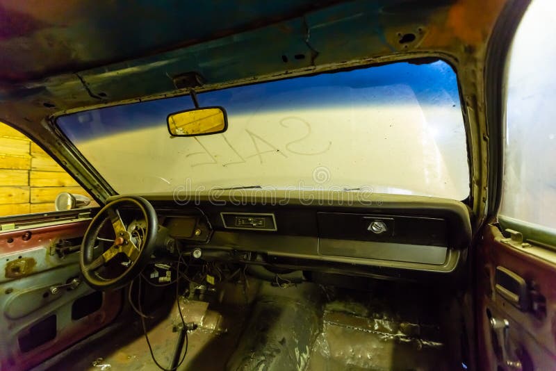 Inside View of Old Broken Car Interior with Dusty Vehicle Dashboard ...