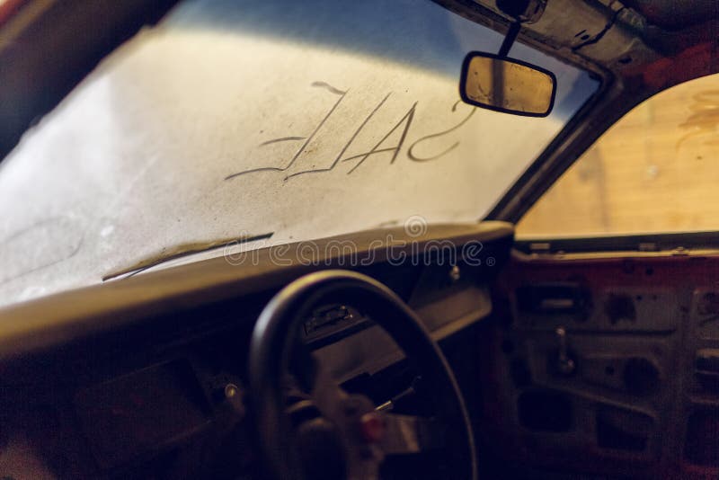 Inside View of Old Broken Car Interior with Dusty Vehicle Dashboard ...
