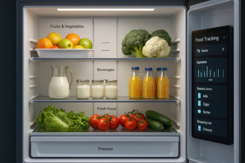 Interior of Open Smart Refrigerator with AI Interface Display Stock ...