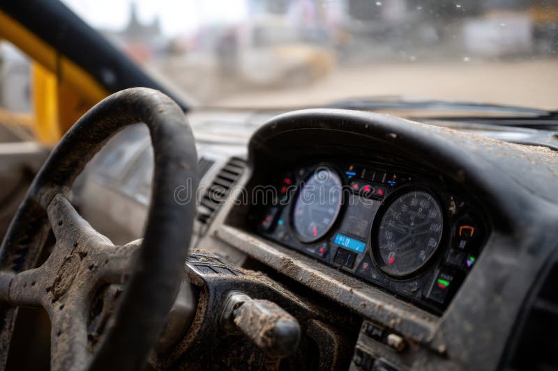 Interior of a Dirt Covered Rally Car Showing the Dashboard and Steering ...