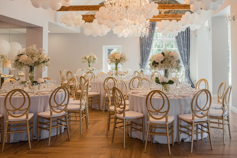 Inside View of a Restaurant Decorated with Balloons and Set Tables with ...