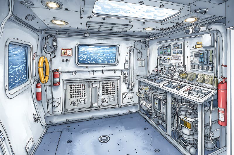 Inside View of a Ships Control Room with a Window Showing the Ocean ...