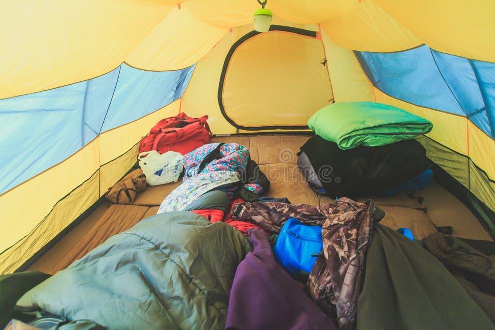 An Inside View of Tent, Process of Camping in Fall or Spring Forest ...