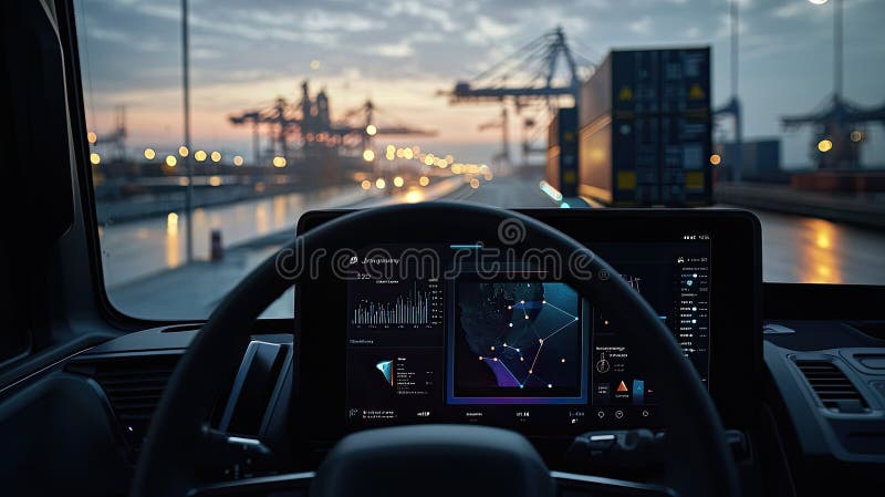 Inside View of a Truck Cabin Driving through a Port at Sunset Stock ...