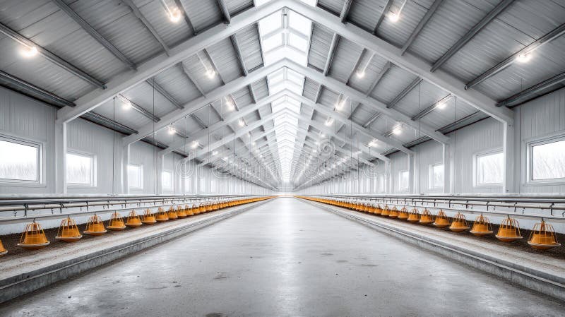 Inside View of a Vast, Modern Poultry Farm Building, Showcasing Rows of ...