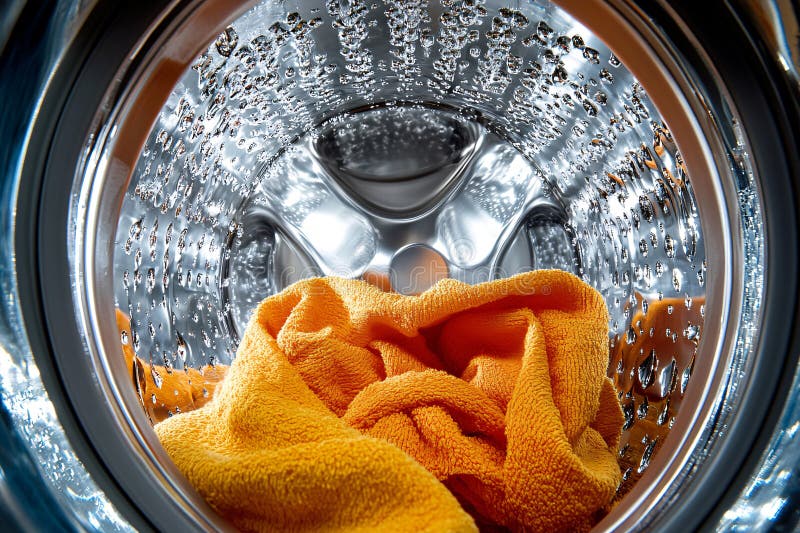 Inside View of a Washing Machine with Water and Orange Towel Stock ...