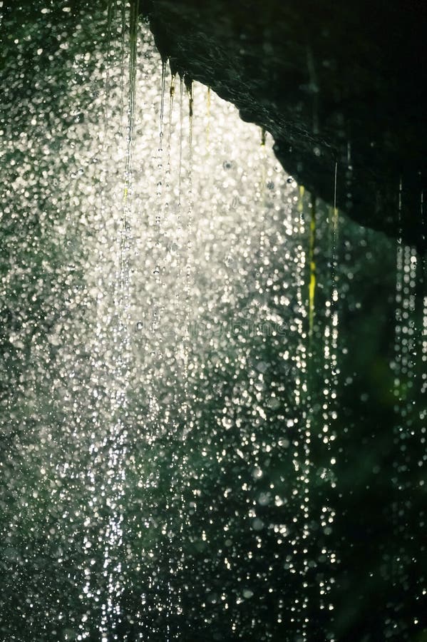 Inside View of a Waterfall with with Sunlight Hitting the Water and ...