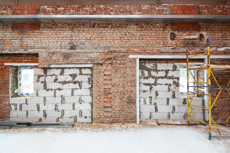 Inside View of Working Process of Building House with Wall Made from ...
