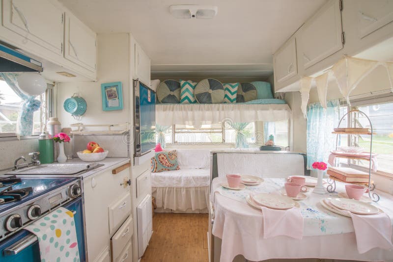 Inside a Vintage Retro Trailer Stock Image - Image of styled, turquiose ...