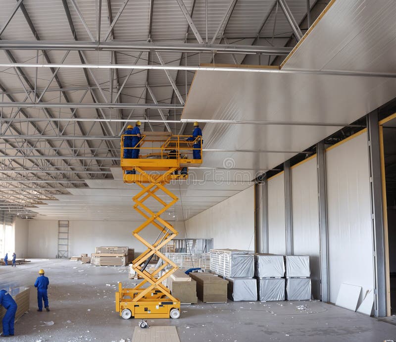 Inside a Warehouse, Construction Workers are Installing Ceiling Panels ...