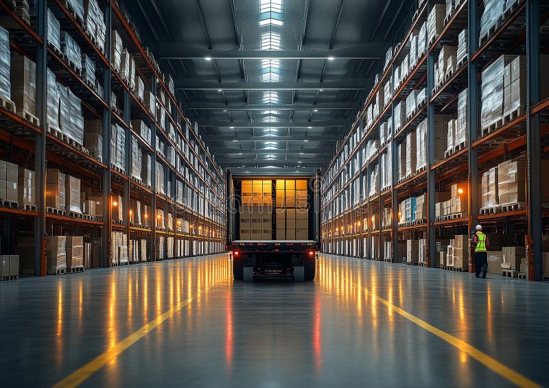 Inside the Warehouse, a Loader Operates an Electric Forklift, Moving ...