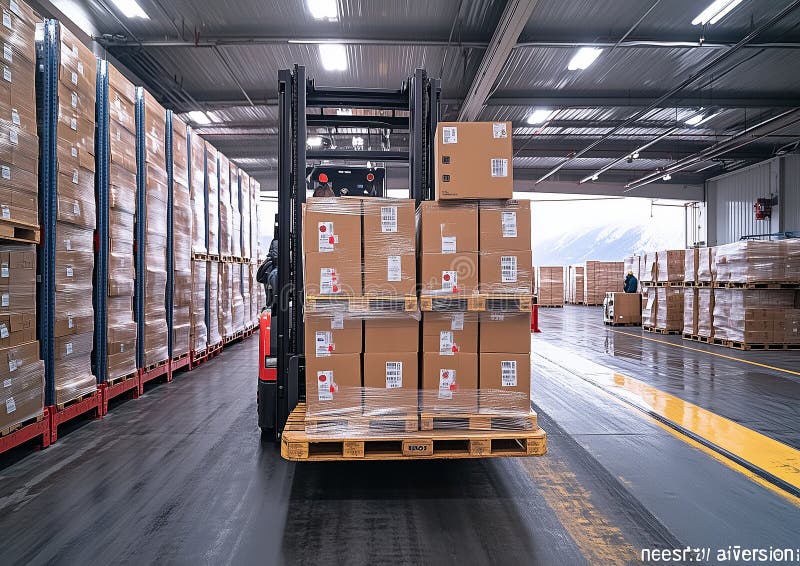 Inside the Warehouse, a Loader Operates an Electric Forklift, Moving ...