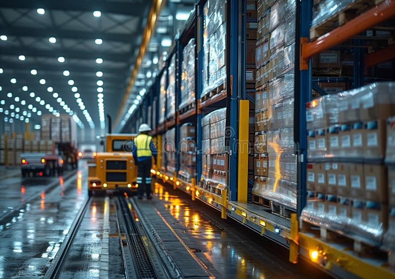 Inside the Warehouse, a Loader Operates an Electric Forklift, Moving ...