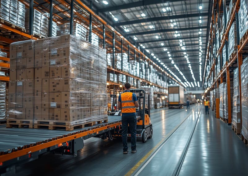 Inside the Warehouse, a Loader Operates an Electric Forklift, Moving ...