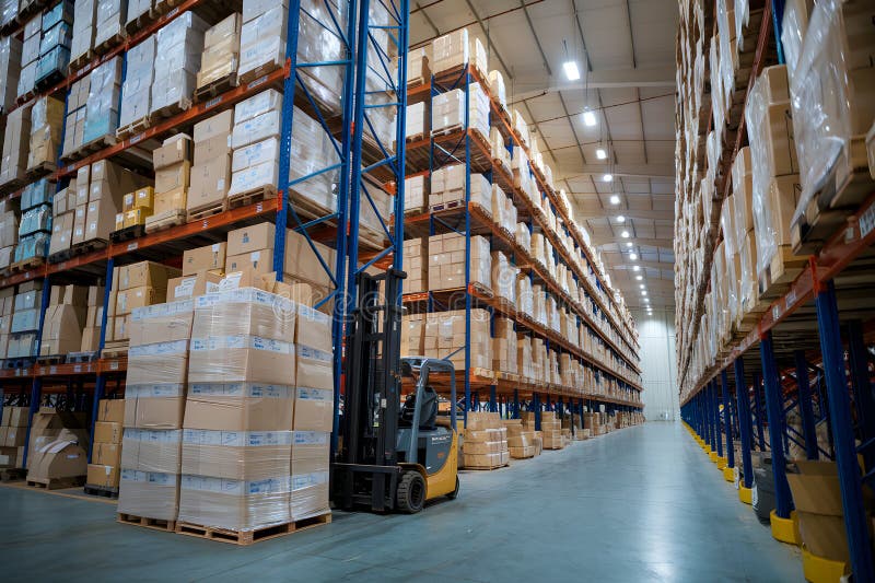 Warehouse with Tall Blue Racks and Parked Forklift, Representing ...