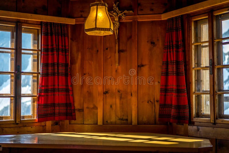 Inside of a Wooden Mountain Hut Stock Image - Image of field, farmhouse ...