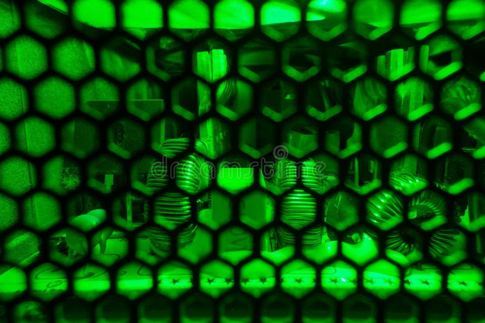 Insides of the Computer Power Supply Unit Lit in Green Light Stock ...