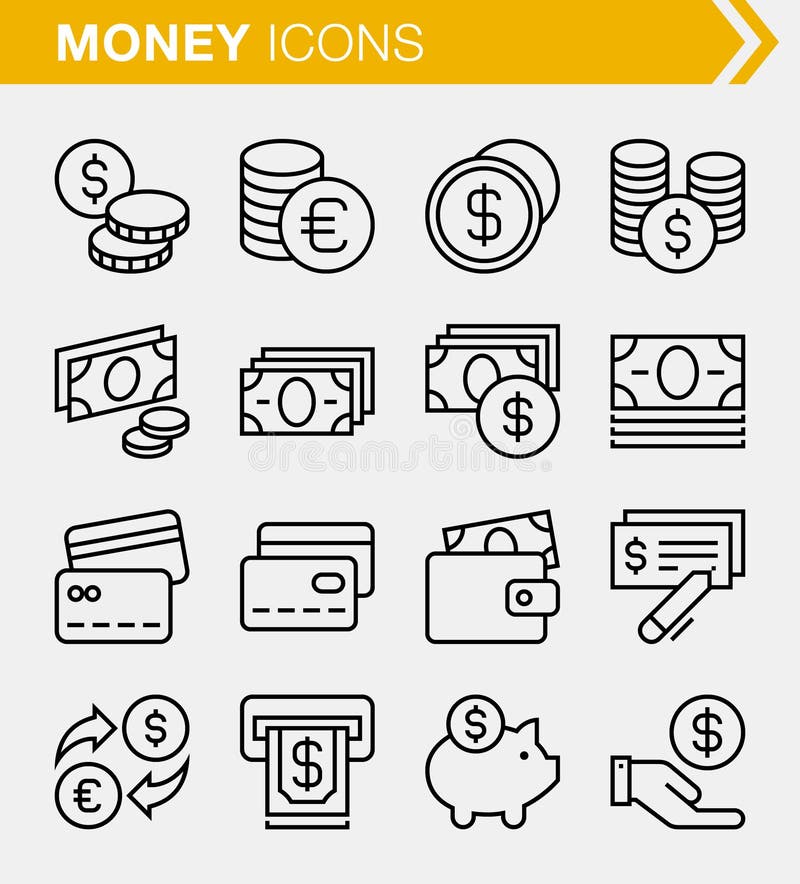 Insieme Della Linea Sottile Icone Dei Soldi Illustrazione Vettoriale ...