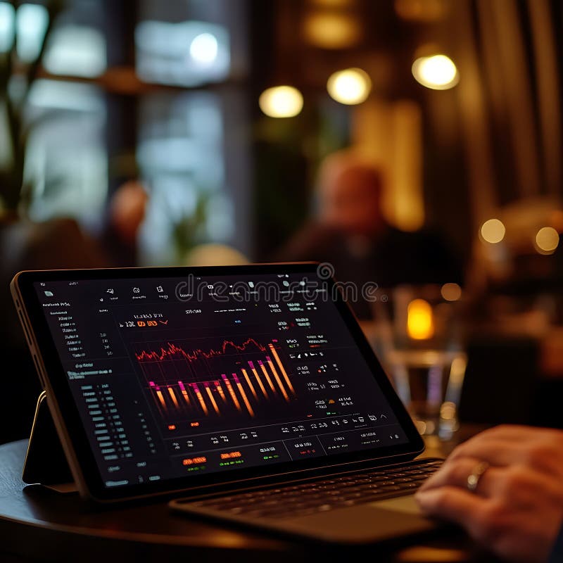 Insightful Financial Analytics Dashboard on Tablet in Busy Cafe Setting ...