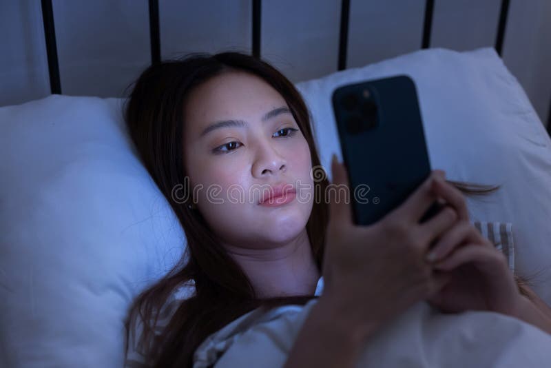 Insomnia Asian Woman Using Mobile Phone at Night Stock Photo - Image of ...
