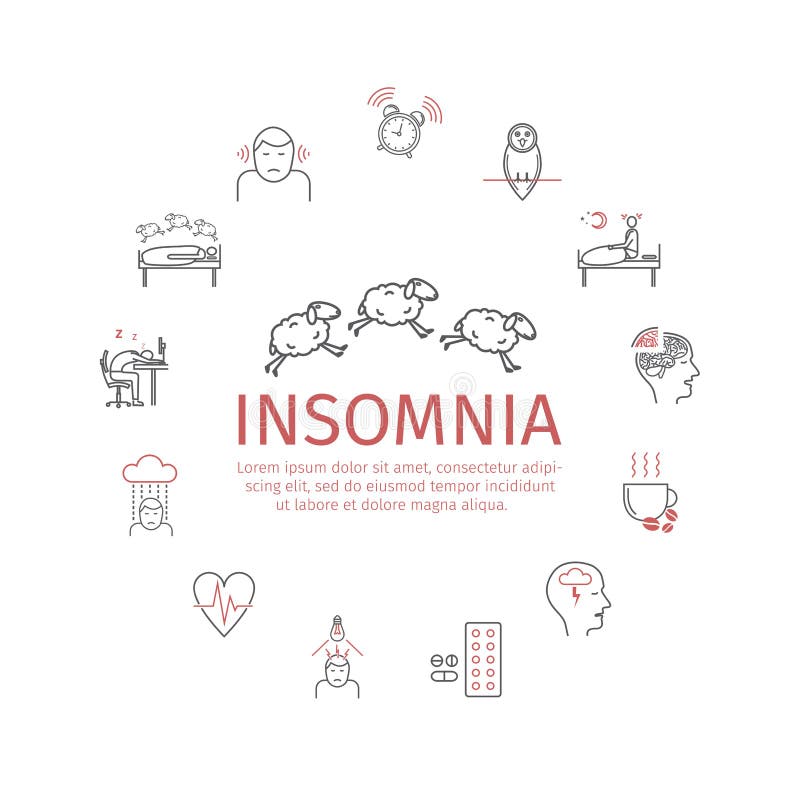 Insomnia, Symptoms. Flat Icons Set. Vector Signs for Web Graphics ...