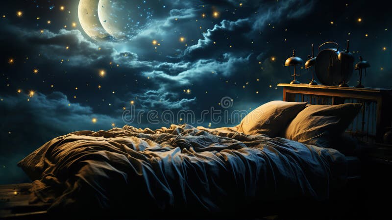 Insomnia. Moonlit Sky, Bed and Clock. Created with Generative AI Stock ...