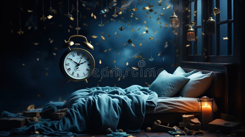 Insomnia. Moonlit Sky, Bed and Clock. Created with Generative AI Stock ...
