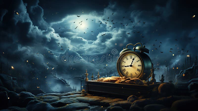 Insomnia. Moonlit Sky, Bed and Clock. Created with Generative AI Stock ...