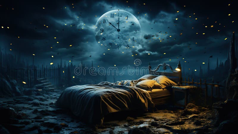 Insomnia. Moonlit Sky, Bed and Clock. Created with Generative AI Stock ...