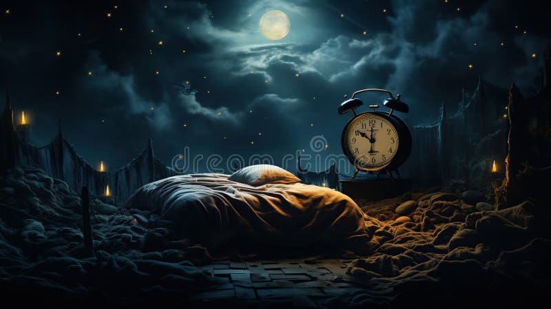 Insomnia. Moonlit Sky, Bed and Clock. Created with Generative AI Stock ...