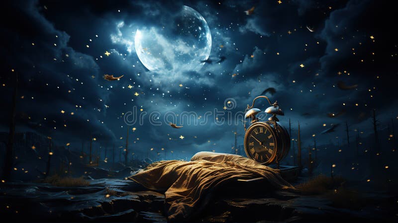 Insomnia. Moonlit Sky, Bed and Clock. Created with Generative AI Stock ...