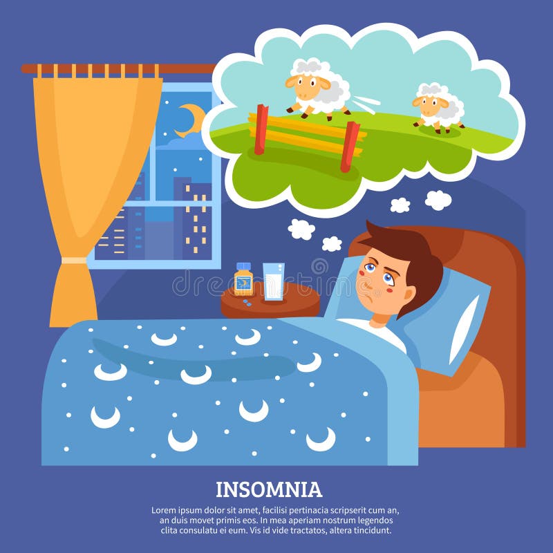 Insomnia People Problems Flat Poster Stock Illustration - Illustration ...