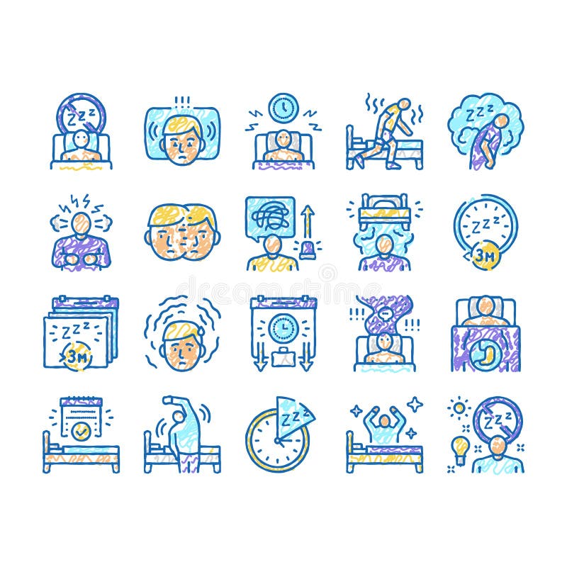 Insomnia Person Chronic Problem Icons Hand Drawn Stock Vector ...