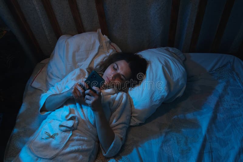 Insomnia, Sleeplessness. Woman Lying Awake in Bed at Night. Stock Image ...
