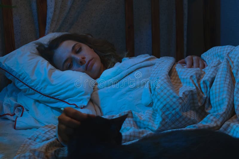 Insomnia. Woman Lying Awake in Bed at Night. Stock Image - Image of ...