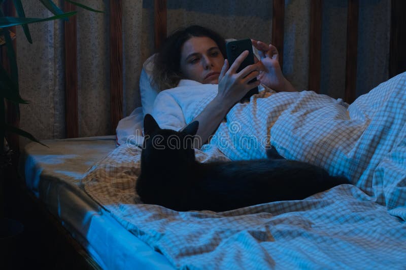 Insomnia. Woman Lying Awake in Bed at Night. Stock Image - Image of ...